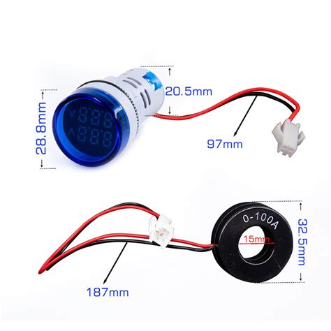 미니 디지털 전압계 전류계 22mm 원형 ac 50 500v 0 100a amp 볼트 전압 테스터 미터 듀얼 led 표시기