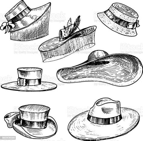 우아한 여자 여성 및 신사 숙 녀 여름 모자 컬렉션입니다 레트로 패션 빈티지 세트입니다 브르타뉴어 파나마 넓은 챙 굽히고 접속이 찌 보 닛 손으로 그린 새겨진 빈티지 스케치