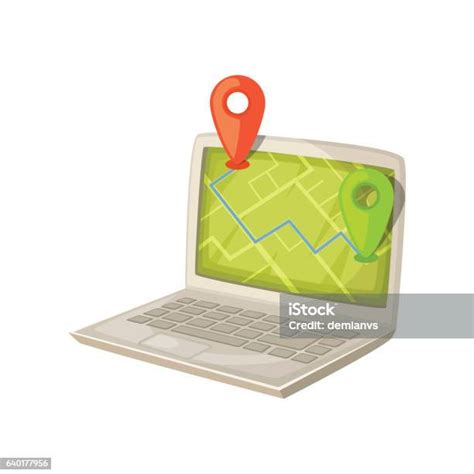 랩톱 컴퓨터 화면에서 응용 프로그램을 탐색할 수 있습니다 Gps 위치가 있는 지도 거리에 대한 스톡 벡터 아트 및 기타 이미지 거리 노트북 도회지 Istock