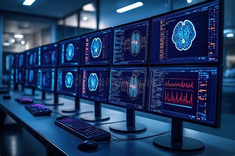 Multiple Computer Monitors Display Advanced Medical Diagnostics Brain Scans Medical Data