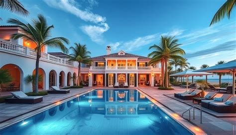Luxurious Mansion With Pool Palm Trees And Sunset Sky Premium Ai