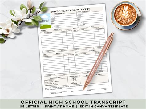 High School Transcript Template Student Transcript Generator Editable Official Homeschool