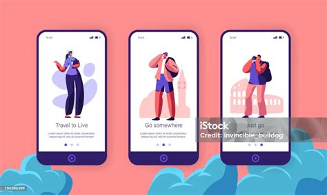 웹 사이트 또는 웹 페이지에 대 한 개념을 여행 하는 남성과 여성 사람들 남자와 여자 관광객 배낭 주문 여행 투어 모바일 앱 페이지 온보드 화면 설정 만화 평면 벡터