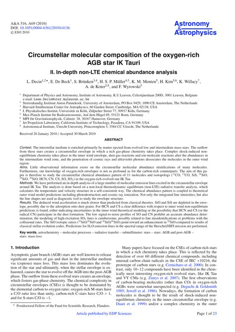 Pdf Circumstellar Molecular Composition Of The Oxygen Rich Agb Star Ik~tau Ii In Depth Non