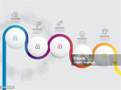 추상 라운드 서클 단계 타임라인 인포그래픽 요소 보고서 배경 비즈니스 라인 아이콘 5단계 0명에 대한 스톡 벡터 아트 및 기타 이미지 0명 개발 광고 Istock