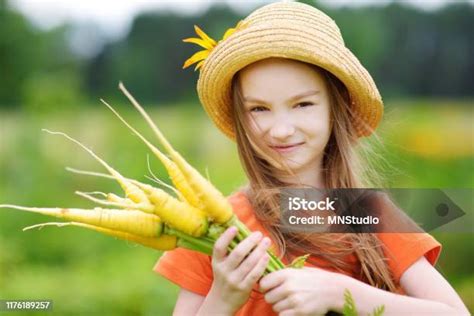 신선한 유기농 당근을 들고 밀짚 모자를 쓰고 귀여운 소녀 가을에 대한 스톡 사진 및 기타 이미지 가을 건강한 생활방식 건강한 식생활 Istock