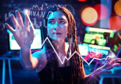 Woman Hacker Night And Hologram Overlay For Economy Online Banking
