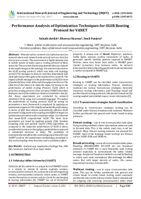 Pdf Performance Analysis Of Optimization Techniques For Olsr Routing Protocol For Vanet