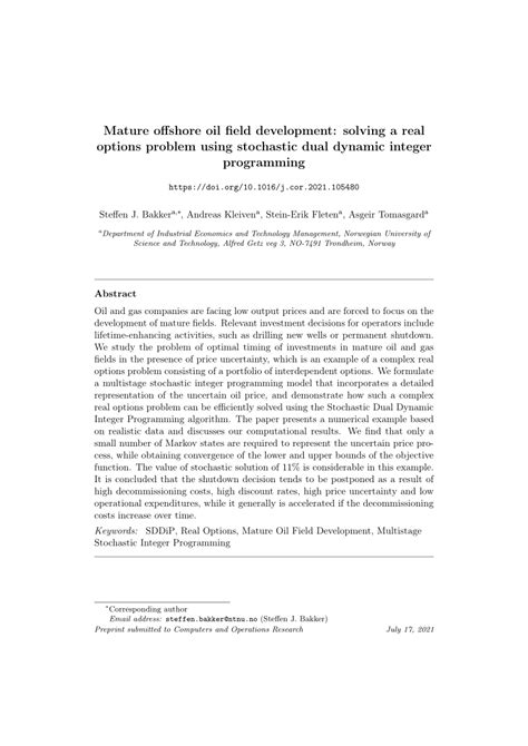 Pdf Mature Offshore Oil Field Development Solving A Real Options Problem Using Stochastic