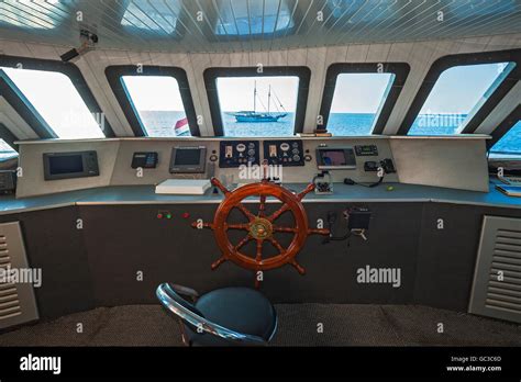 Navigation bridge with view of sailing ship, Royal Evolution diving boat, Red Sea, Egypt Stock ...