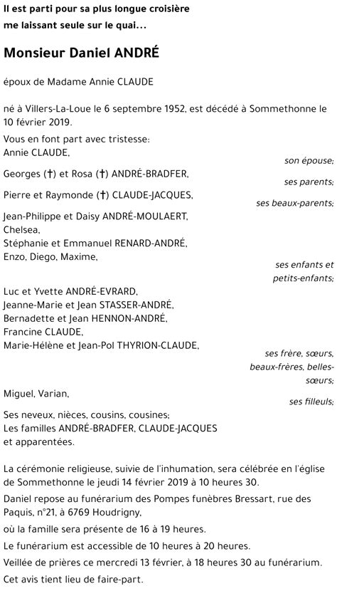 Avis De Décès De Daniel AndrÉ Décédé Le 10 02 2019 à Sommethonne