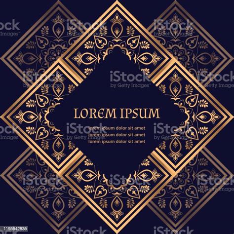 럭셔리 로얄 패턴 타일 벡터 프레임입니다 에스닉 아라베스크 라벨 웨딩 파티 초대를 위한 골든 네이비 디자인 Eid Ul Fitr에 대한 스톡 벡터 아트 및 기타 이미지