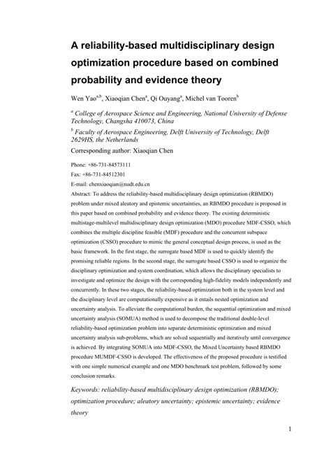 Pdf A Reliability Based Multidisciplinary Design Optimization