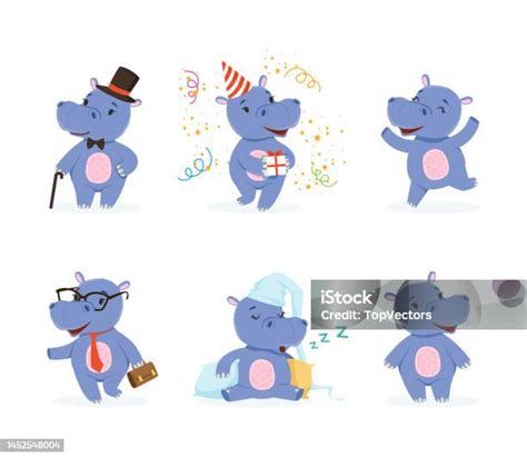 다른 활동 벡터 세트에 종사하는 땅딸막한 몸을 가진 귀여운 하마 캐릭터 귀여운에 대한 스톡 벡터 아트 및 기타 이미지 귀여운