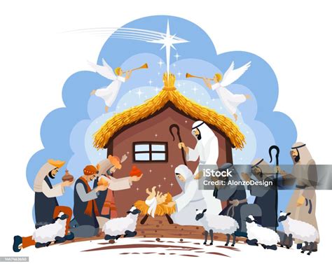 거룩한 밤 크리스마스 밤 예수의 탄생 세 명의 현자 목자 탄생 장면 양치기에 대한 스톡 벡터 아트 및 기타 이미지 양치기 크리스마스 개념 Istock