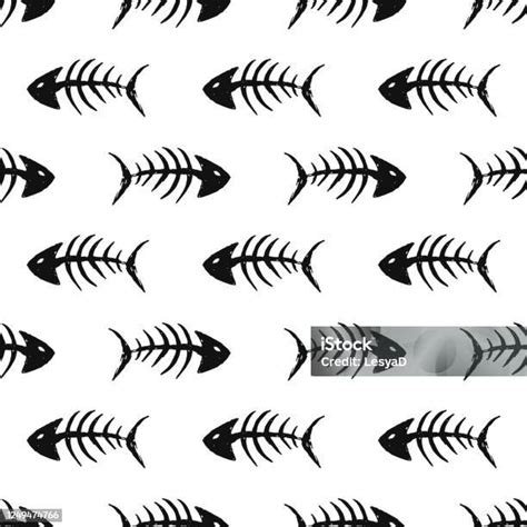물고기 뼈 원활한 패턴 물고기 해골 낙서 손으로 그린 만화 벡터 일러스트 그래픽 프린트에 대한 스톡 벡터 아트 및 기타 이미지