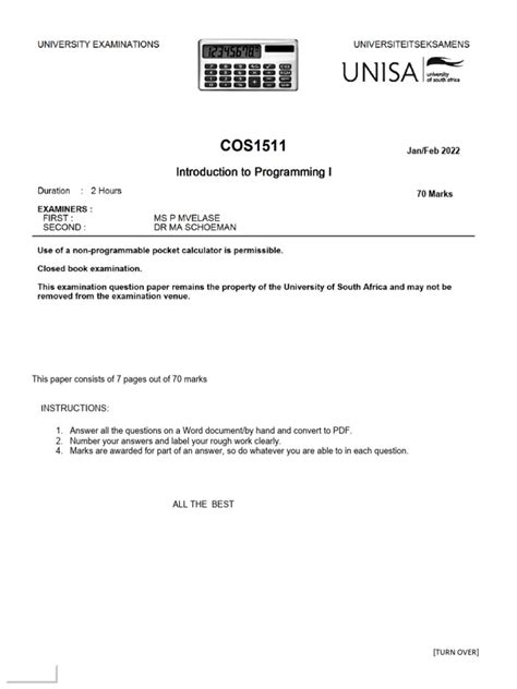 Cos1511 January Examination 2023 Pdf Namespace Computer Programming