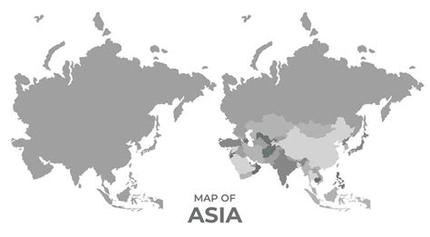 Greyscale Vector Map Of Asia With Regions And Simple Flat Illustration