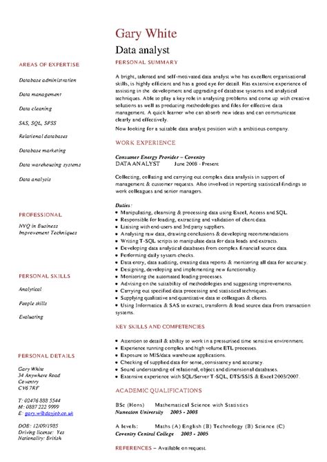 Data Analyst Cv Template Areas Of Expertise Database Administration