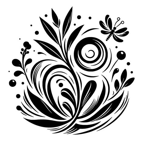 Elegant Black And White Floral With Dragonfly Swirls And Leafy