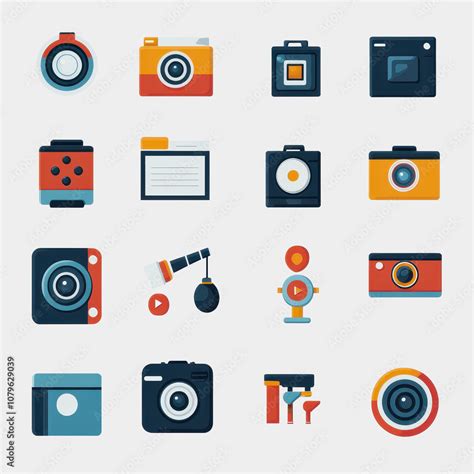 Colorful Set Of Iconic Cameras And Photography Symbols Depicting
