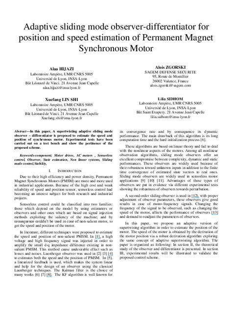 Pdf Adaptive Sliding Mode Observer Differentiator For Position And Speed Estimation Of