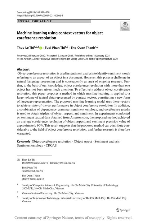 Machine Learning Using Context Vectors For Object Coreference Resolution Request Pdf