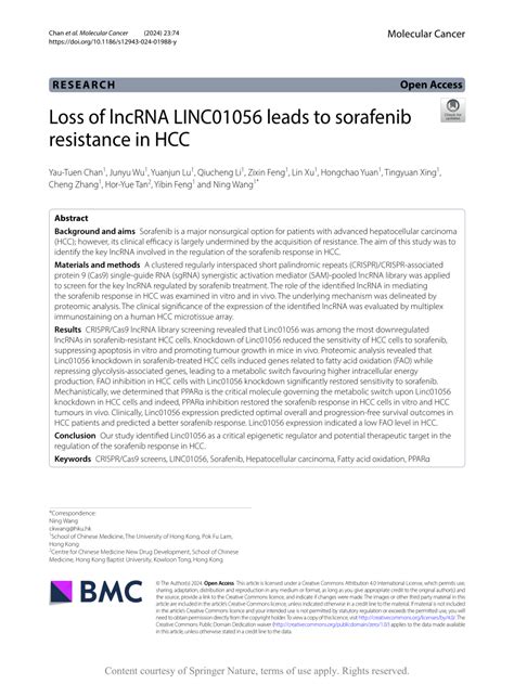 PDF Loss Of LncRNA LINC Leads To Sorafenib Resistance In HCC