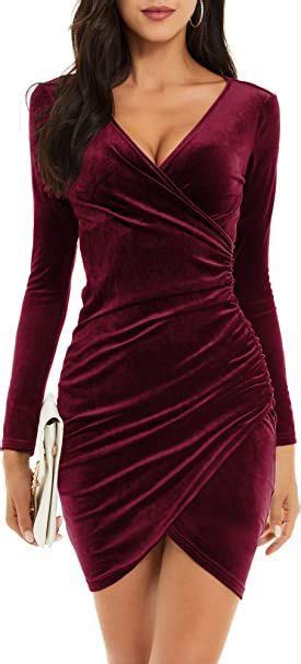Guberry Womens Wrap V Neck Long Sleeve Velvet Bodycon Ruched Cocktail