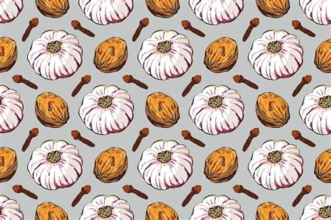 향기로운 향신료를 가진 음식 이음새가 없는 본 마늘 육두구 장갑 섬유 포장 레스토랑 메뉴에 대 한 완벽 한 음식 배경 손으로 그린 그림 건강한 생활방식에 대한 스톡 벡터