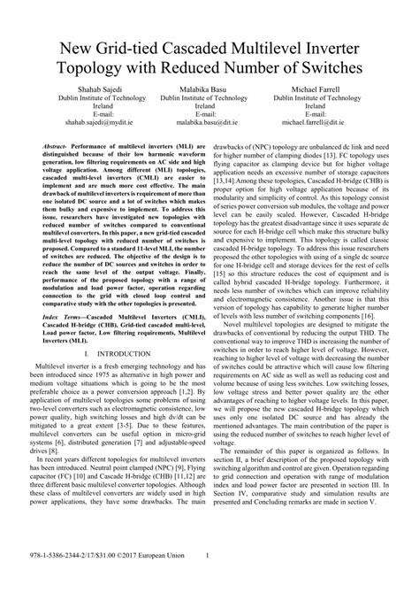 PDF New Grid Tied Cascaded Multilevel Inverter Topology With Reduced Number Of Switches