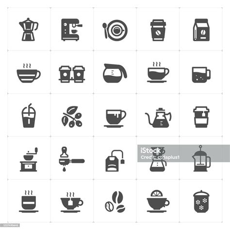 아이콘 세트 흰색 배경에 커피와 차 채워진 스타일 벡터 일러스트레이션 기계류에 대한 스톡 벡터 아트 및 기타 이미지 기계류