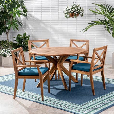 5 Pc Outdoor Dining Set In Teak And Blue Finish