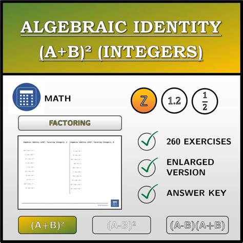 Algebraic Identity A B ² Factoring Integers Printable Worksheet
