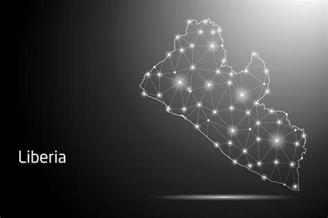 추상 Mash 선과 포인트 스케일은 라이베리아의지도가 있는 어두운 그라디언트 배경에 있습니다 3d 메쉬 폴리곤 네트워크 연결 0명에 대한 스톡 벡터 아트 및 기타 이미지