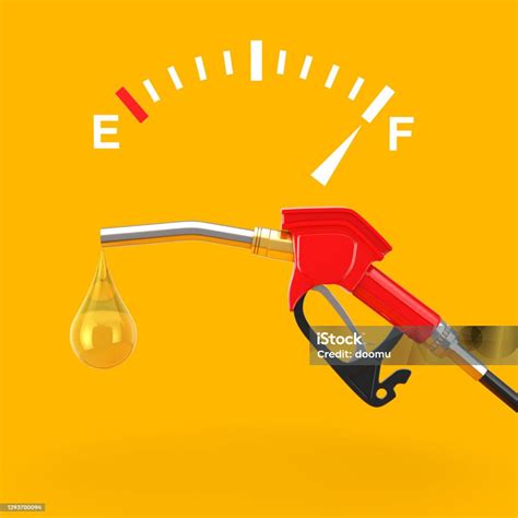 가솔린 권총 펌프 연료 노즐 가스 방울이있는 주유소 디스펜서 근처의 전체 탱크를 보여주는 연료 대시 보드 게이지 표지판 3d 렌더링 연료 펌프에 대한 스톡 사진 및 기타