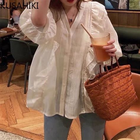Kusahiki 러플 퍼프 반팔 V넥 블라우스 한국 스타일 여성 셔츠 캐주얼 단색 상의 2023 여름 Aliexpress