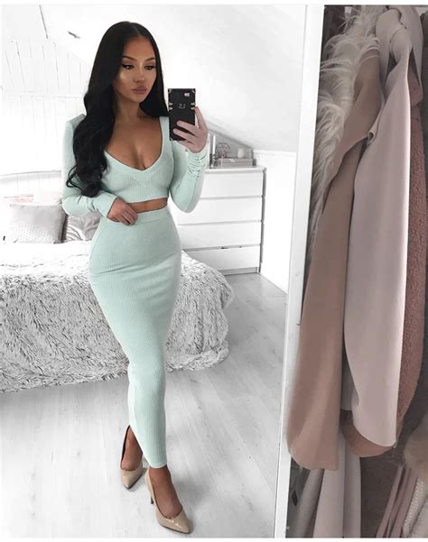 Free Shipping Sexy Two Piece Set V Neck Long Sleeve Crop Top Long Skirt Set Jkp
