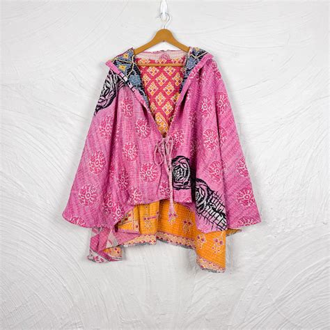 Kantha Mid Size Poncho Dress With Hood Big Rose Love Protect Sustain