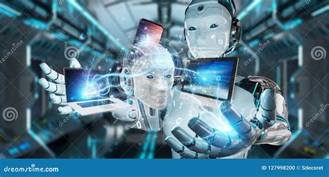 Robot Controlling Modern Devices Interface System 3d Rendering Stock