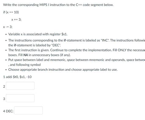 Solved Write The Corresponding Mips I Instruction To The C