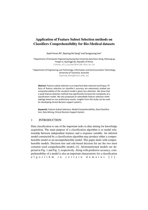Pdf Application Of Feature Subset Selection Methods On Classifiers Comprehensibility For Bio
