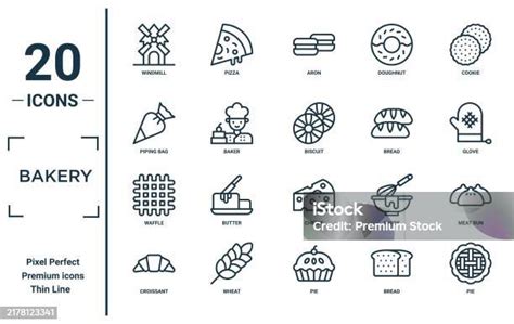 베이커리 선형 아이콘 세트입니다 얇은 라인 풍차 짤주머니 와플 크로와상 파이 비스킷 보고서 프리젠 테이션 다이어그램 웹 디자인을위한 고기 롤빵 아이콘 포함 0명에 대한 스톡