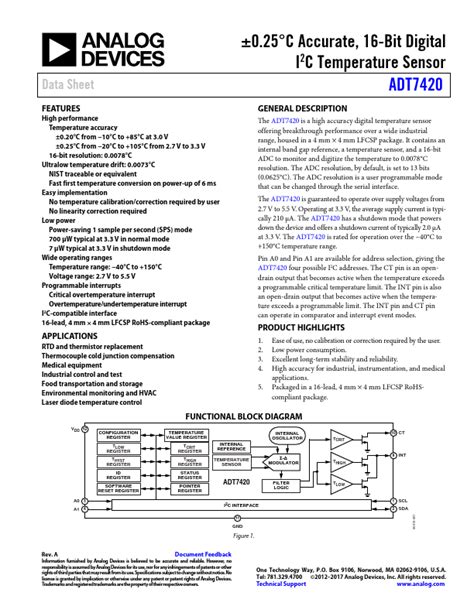 Adt7420 Datasheet Lfcsp Ep 55v Temperature Sensor Analog Devices