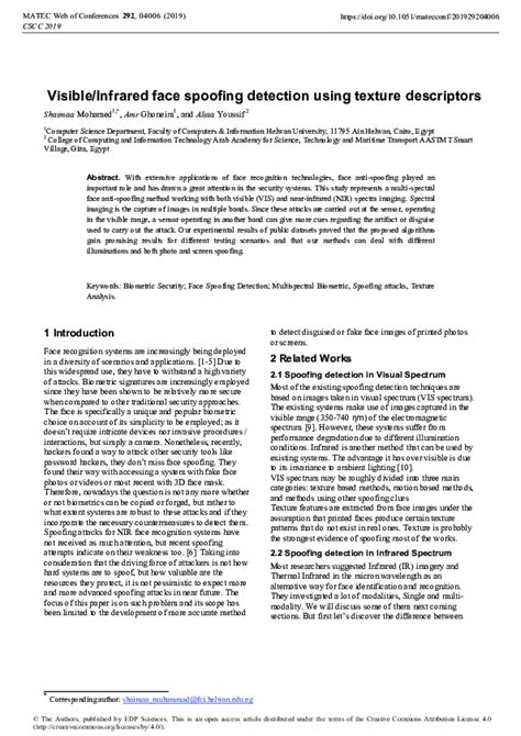 Pdf Visibleinfrared Face Spoofing Detection Using Texture Descriptors
