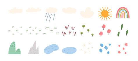 귀여운 자연과 날씨 요소의 집합 흰색 배경에 고립 된 만화 평면 벡터 그림 0명에 대한 스톡 벡터 아트 및 기타 이미지 0명 갈대속 벼과 개체 그룹 Istock