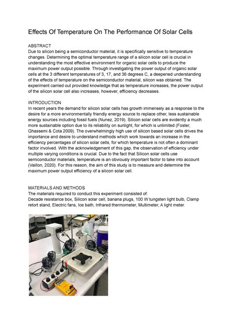 PAN LAB Report Effects Of Temperature On The Performance Of Solar Cells 068041 Studocu