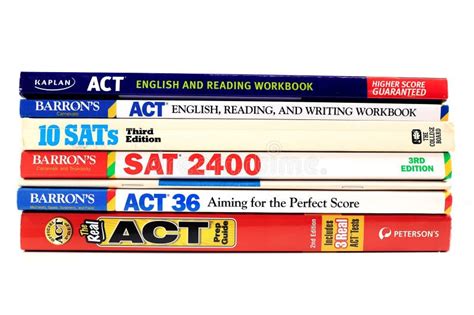 stack of sat books contain standardized practice tests for university admissions in usa