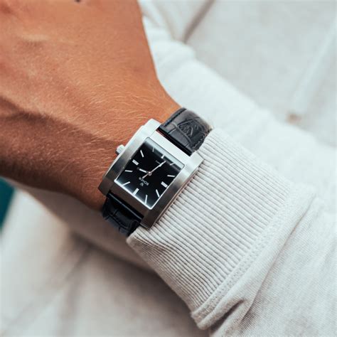 Rectangular Mens Watch Black Dial Brushed Steel Case Stylish And Masculine Watch For Men