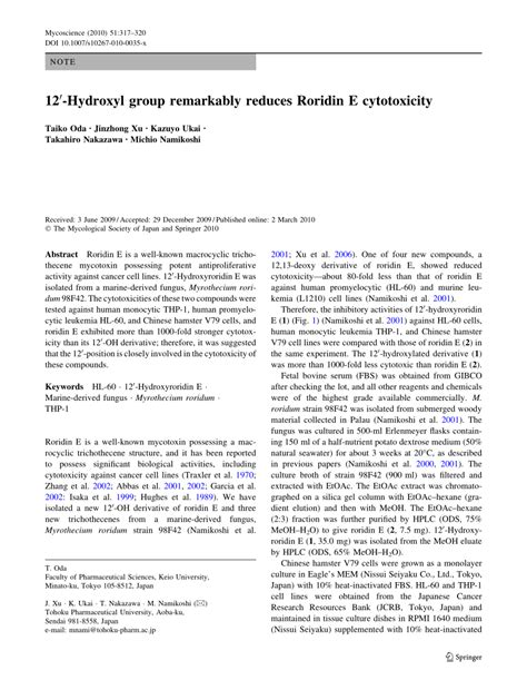 Pdf 12 Hydroxyl Group Remarkably Reduces Roridin E Cytotoxicity